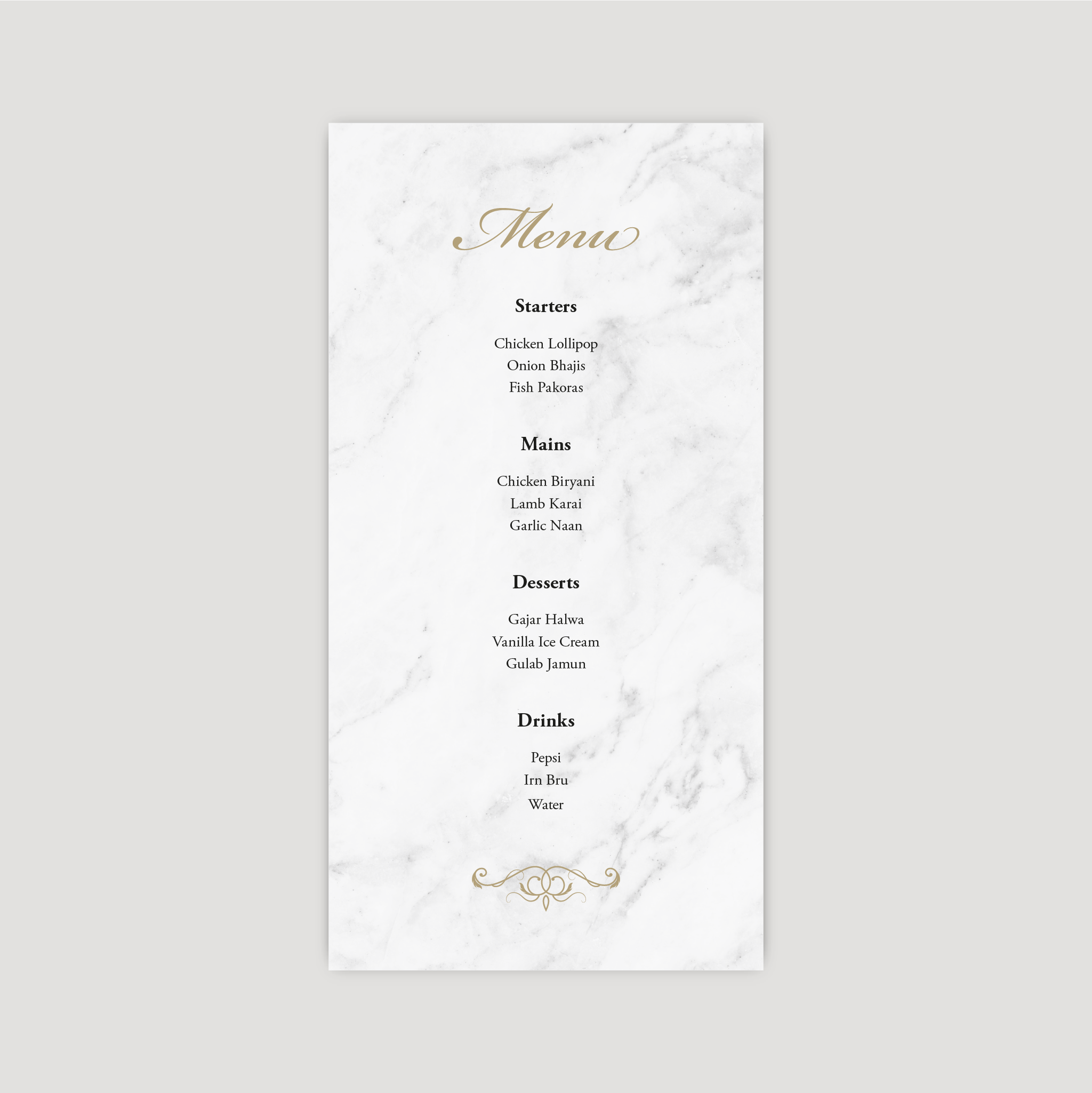 Elegant Marble Table Menu Cards – Impress Weddings